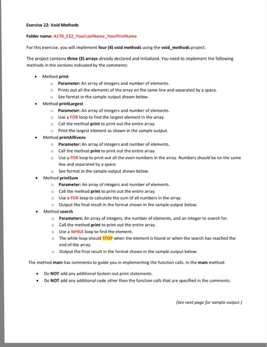 Solved Exercise 22: Void Methods Folder name A170 E22 | Chegg.com