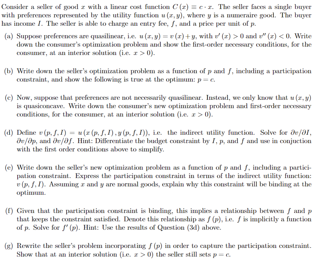 Solved Consider a seller of good x with a linear cost | Chegg.com