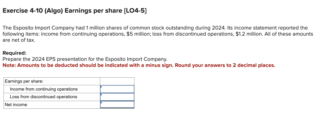 Solved Exercise 4-10 (Algo) Earnings per share [LO4-5] The | Chegg.com