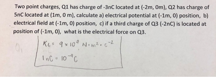 Solved Two point charges, Q1 has charge of -3nC located at | Chegg.com