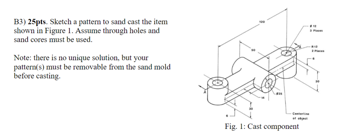 Solved 120 B3) 25pts. Sketch a pattern to sand cast the item | Chegg.com