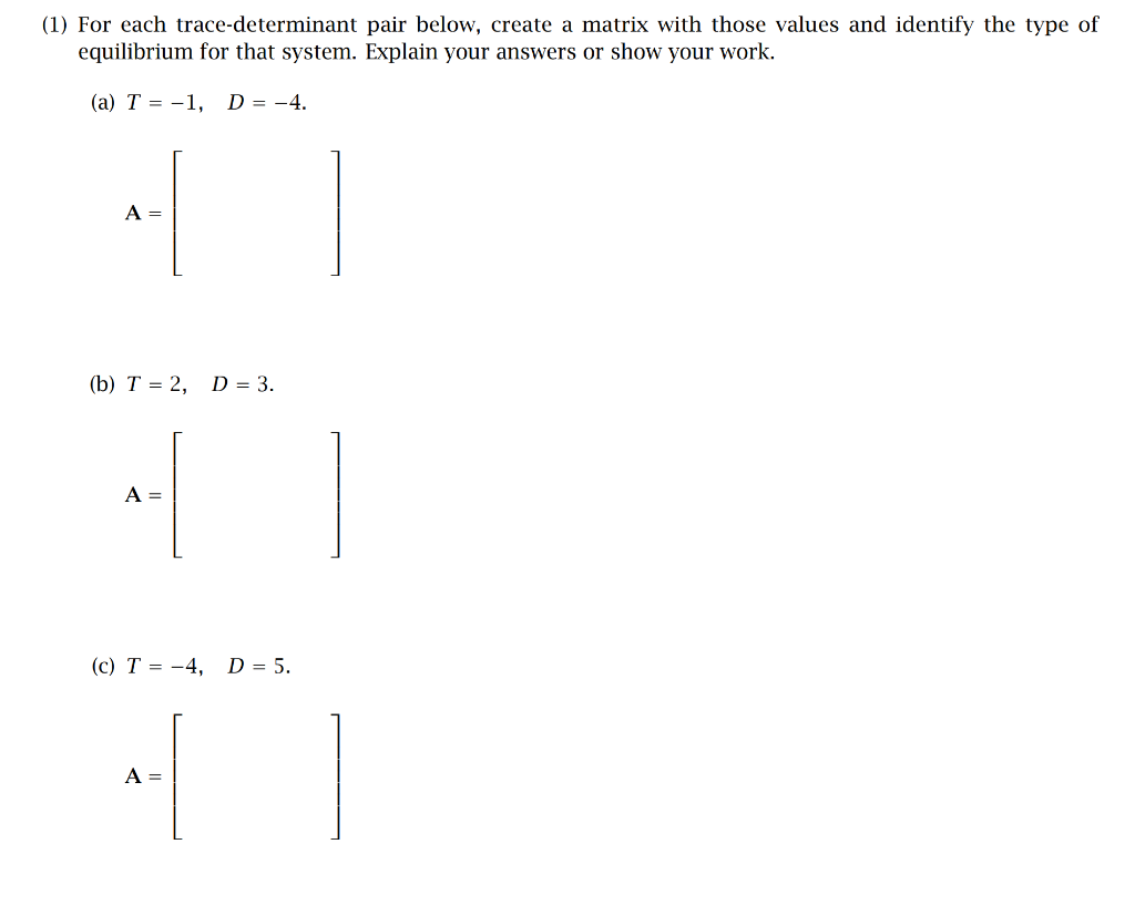 Solved (1) For each trace-determinant pair below, create a | Chegg.com