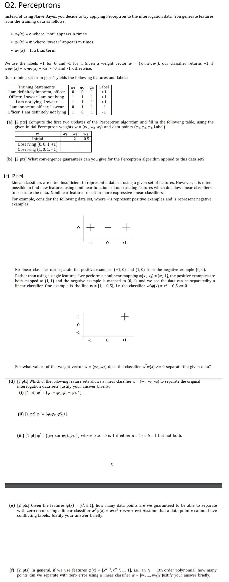 Q2. Perceptrons Instead of using Naive Bayes, you | Chegg.com