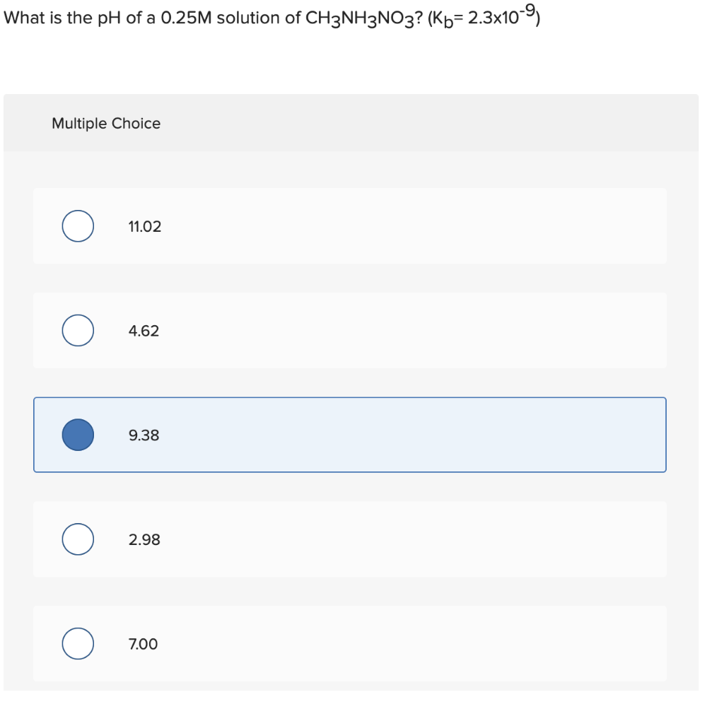 Solved What is the pH of a 0.25M solution of CH3NH3NO3? (Kb= | Chegg.com