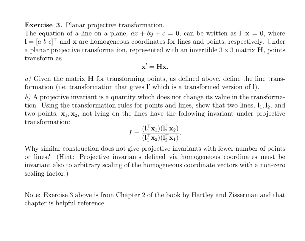 Exercise 3. Planar projective transformation. The | Chegg.com