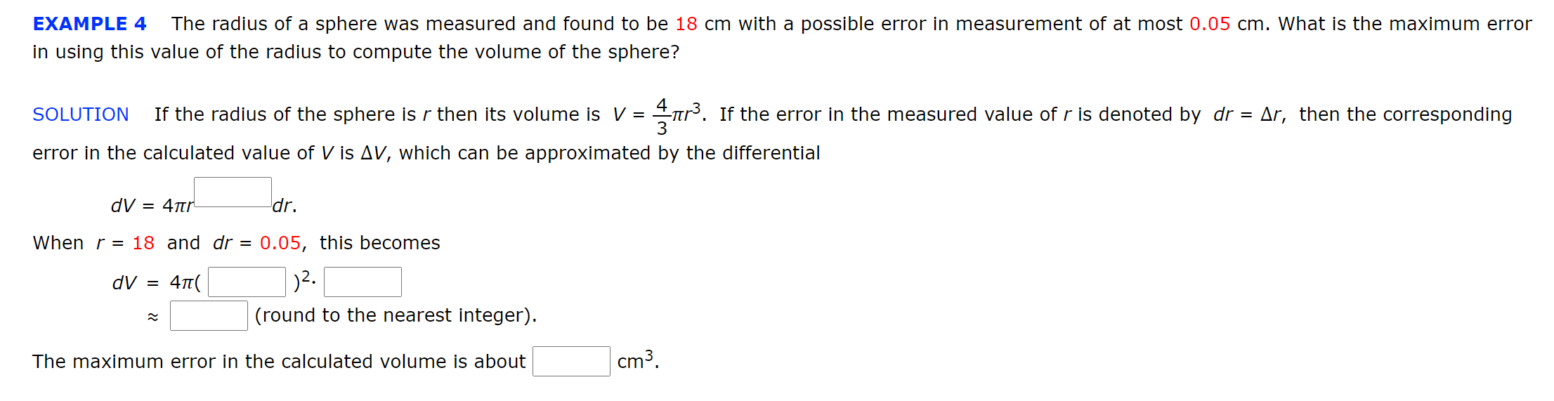 Solved EXAMPLE 4 The radius of a sphere was measured and | Chegg.com