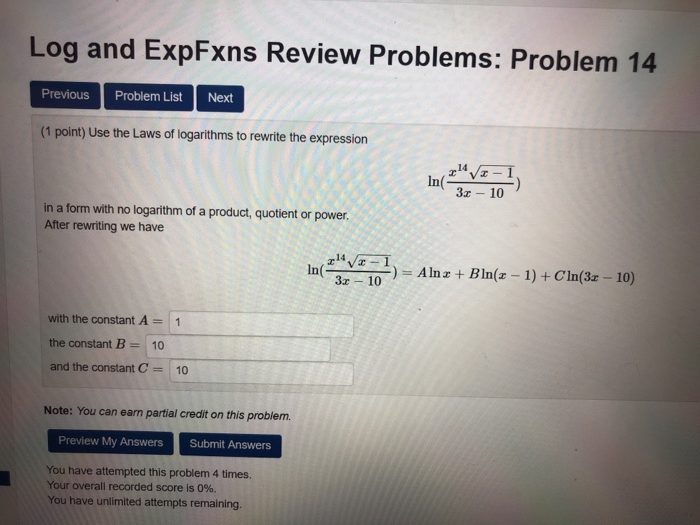 Solved Log and ExpFxns Review Problems: Problem 14 Previous | Chegg.com