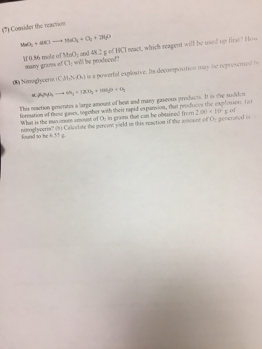 Solved (7) Consider the reaction If 0.86 mole of MnO, and | Chegg.com