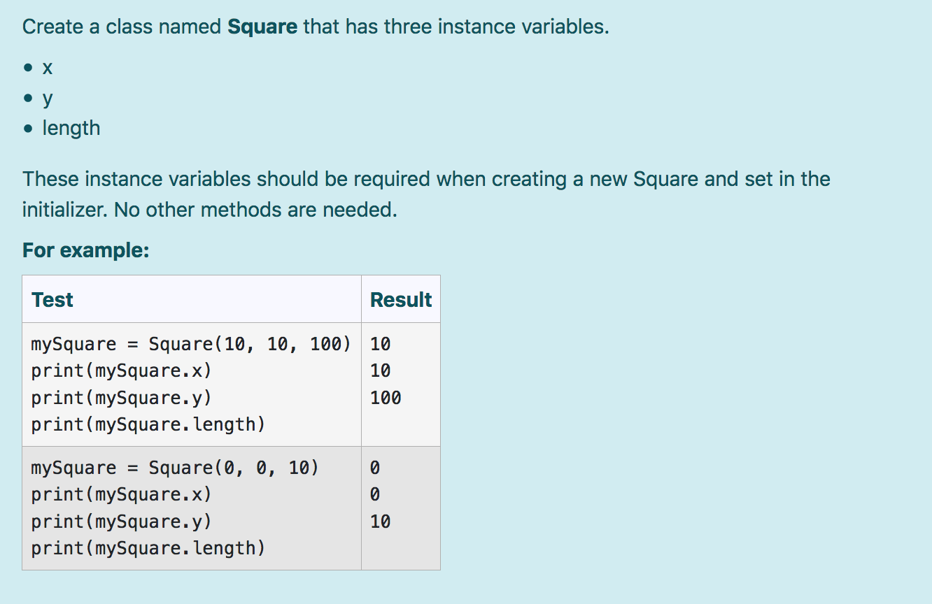 Solved Create a class named Square that has three instance | Chegg.com