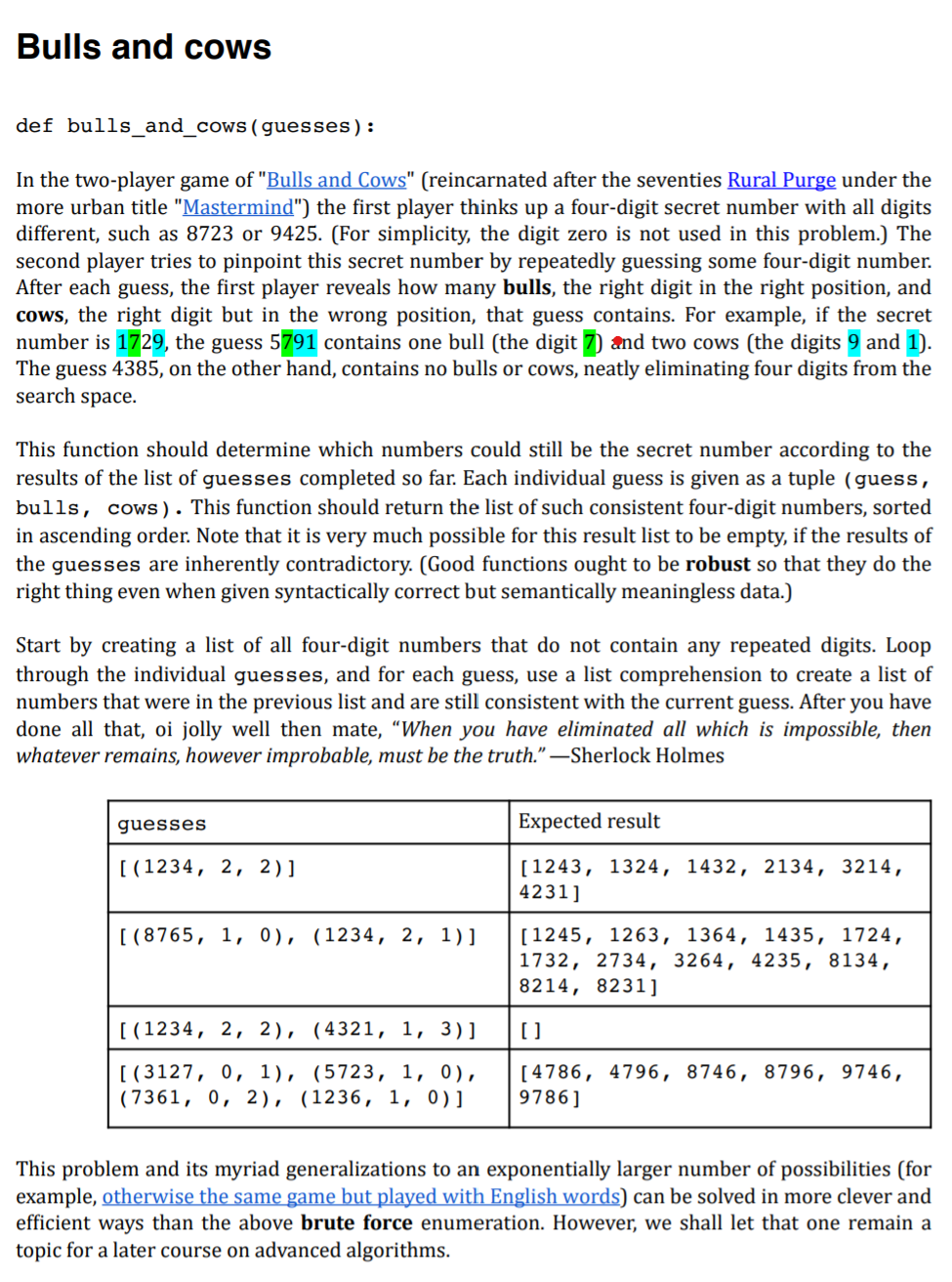 Solved Bulls and cows def bulls_and_cows (guesses): In the | Chegg.com