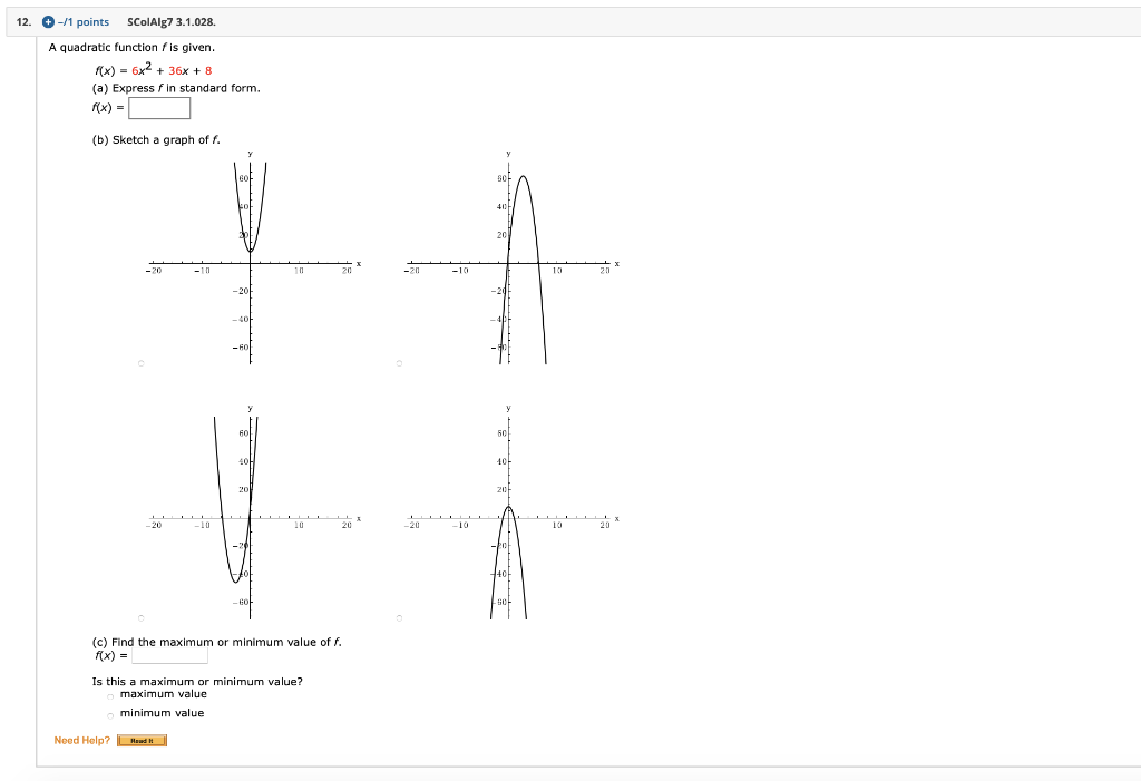 Solved 12. -/1 points scolAlg7 3.1.028. A quadratic | Chegg.com