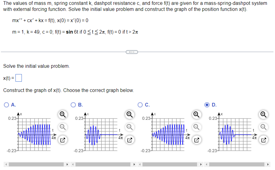 Solved The values of mass m, spring constant k, dashpot | Chegg.com