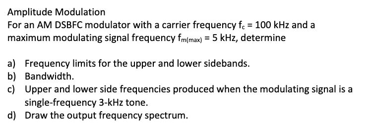 Solved Amplitude Modulation For an AM DSBFC modulator with a | Chegg.com