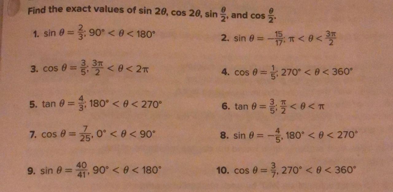 Solved Find the exact values of sin 20, cos 20, sin, and cos | Chegg.com