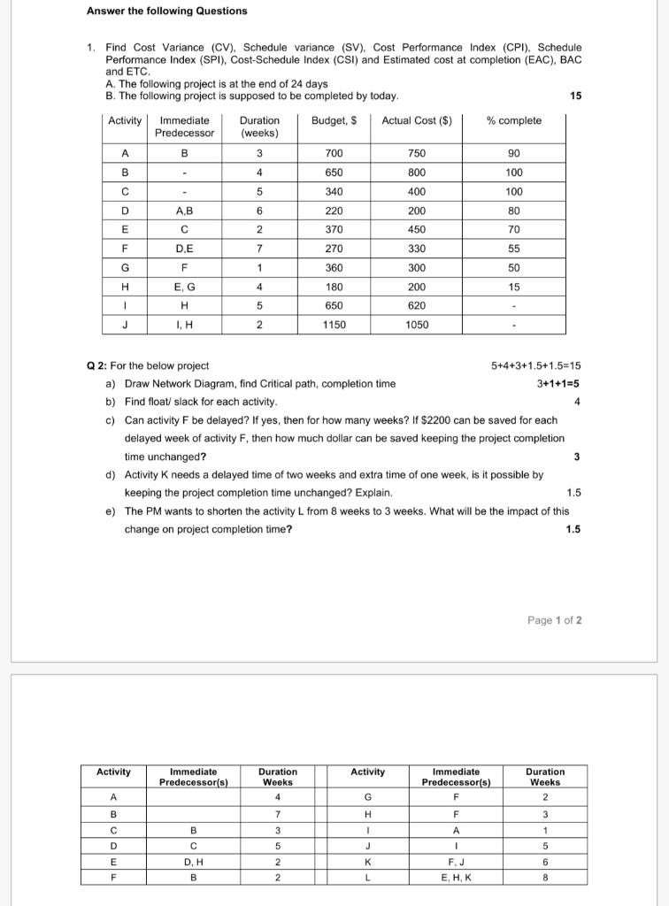 Solved Answer The Following Questions 1 Find Cost Variance
