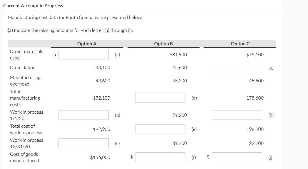 Solved Current Attempt in Progress Manufacturing cost data | Chegg.com