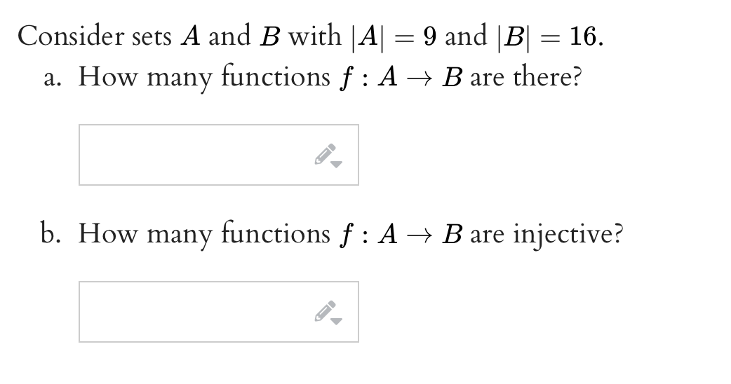 Solved Consider sets A and B with ∣A∣=9 and ∣B∣=16. a. How | Chegg.com
