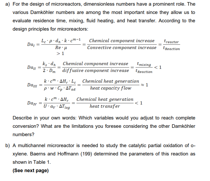 Solved a) For the design of microreactors, dimensionless | Chegg.com