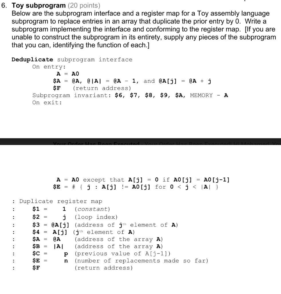 6. Toy subprogram (20 points) Below are the | Chegg.com