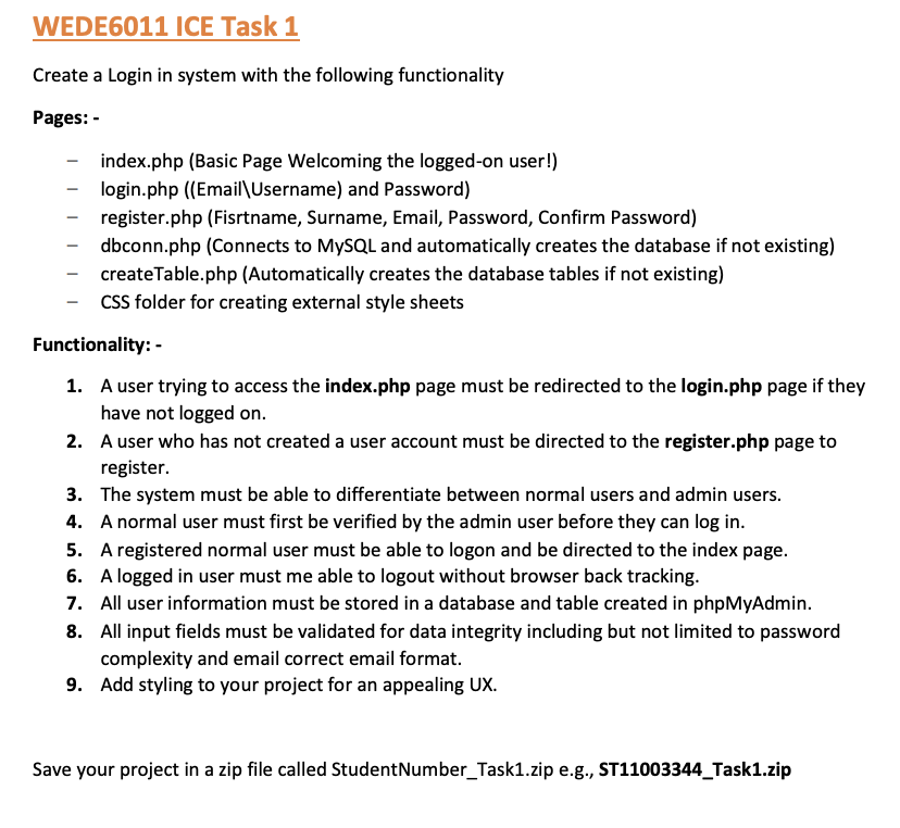 Solved WEDE6011 ICE Task 1 Create a Login in system with the | Chegg.com