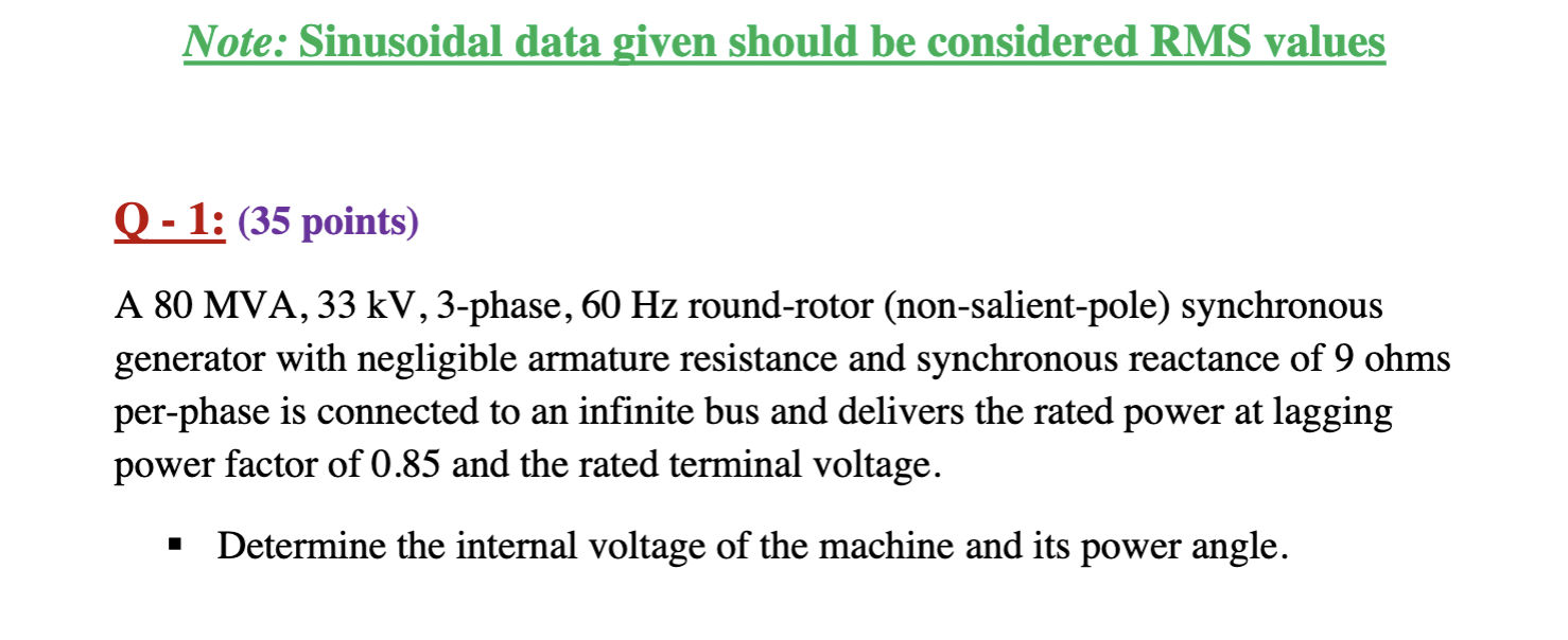 Solved Note: Sinusoidal data given should be considered RMS | Chegg.com