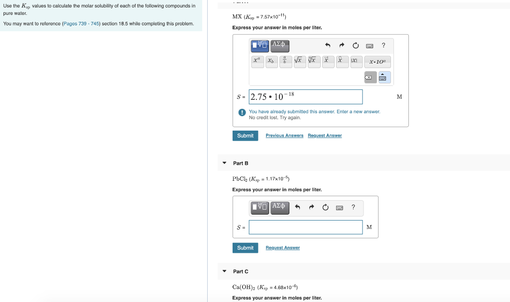 Solved Use the Ksp values to calculate the molar solubility | Chegg.com