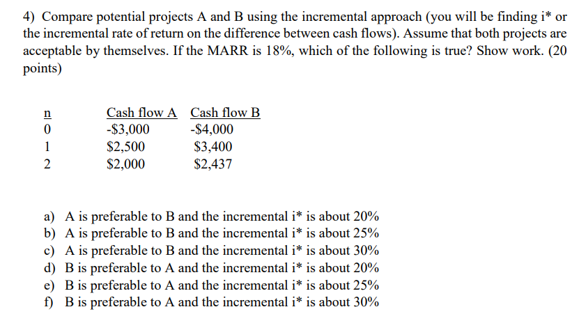 Solved 4) Compare potential projects A and B using the | Chegg.com