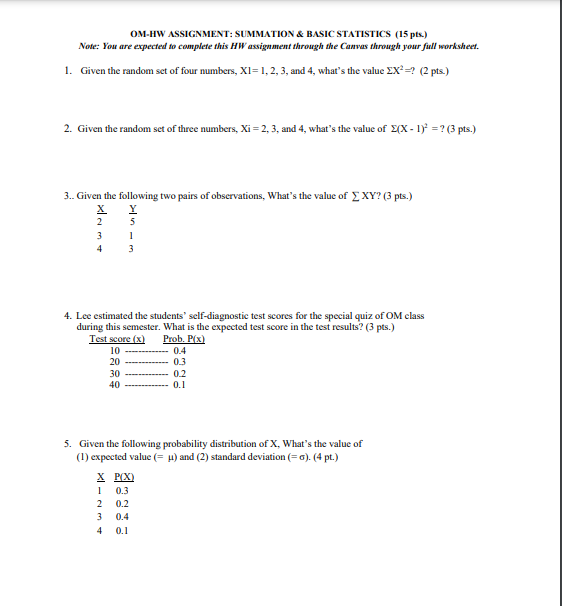 Solved OM-HW ASSIGNMENT: SUMMATION & BASIC STATISTICS (15 | Chegg.com