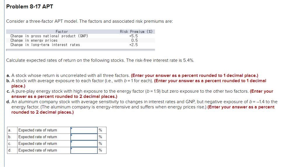 Solved Problem 8 17 Apt Consider A Three Factor Apt Model