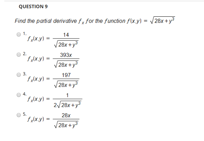 Solved QUESTION 9 Find the partial derivative fx for the | Chegg.com
