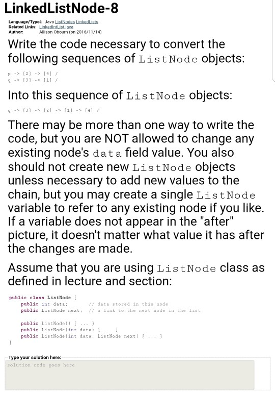 Solved LinkedListNode-8 Language/Typed Java ListNodes | Chegg.com