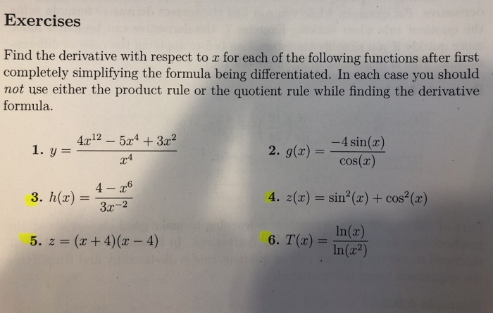 Solved Exercises Find the derivative with respect to x for | Chegg.com
