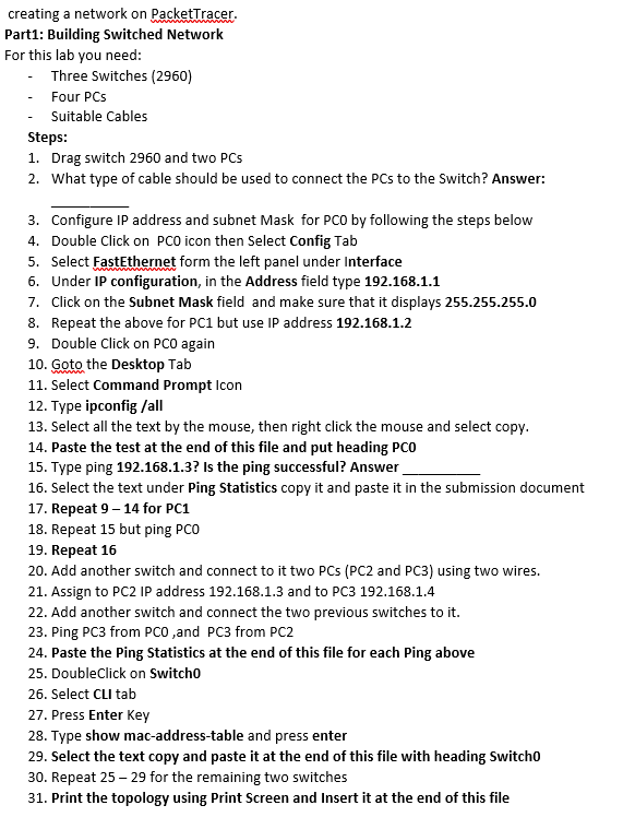Solved creating a network on PacketTracer. Part1: Building | Chegg.com
