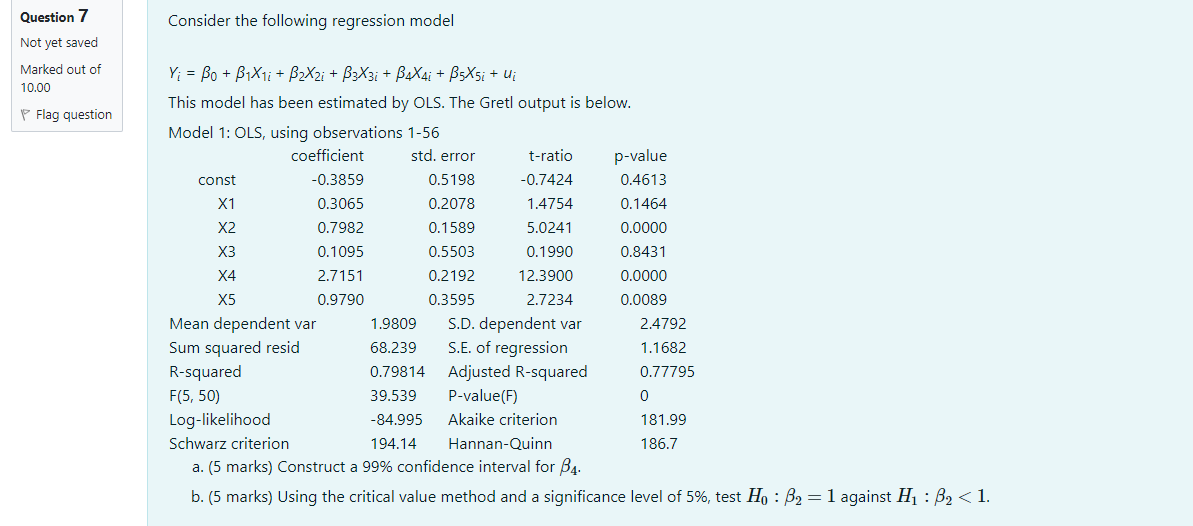 Solved Question 7 Consider the following regression model | Chegg.com