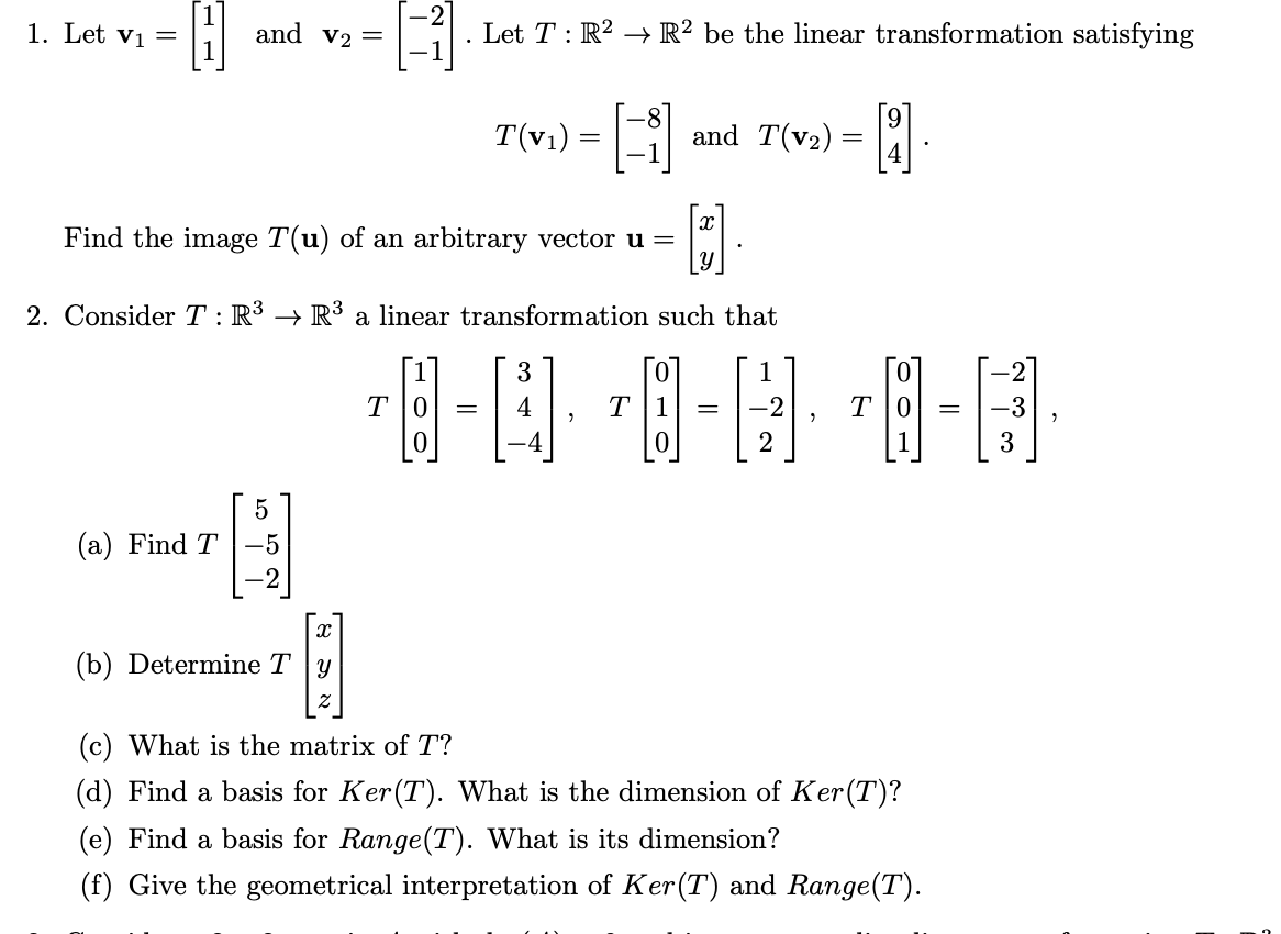 Solved -2 1. Let vi = and V2 = Let T:R2 R2 be the linear | Chegg.com