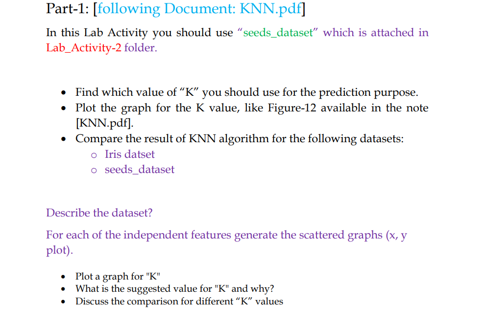 Part-1: [following Document: KNN.pdf] In this Lab | Chegg.com