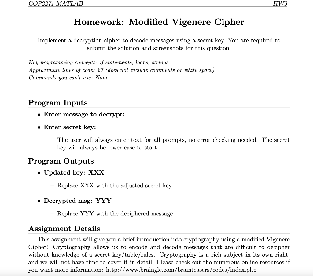 Solved COP2271 MATLAB HW9 Homework: Modified Vigenere Cipher | Chegg.com