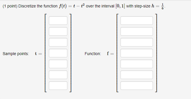 Solved (1 point) Discretize the function f(t) = t - t over | Chegg.com