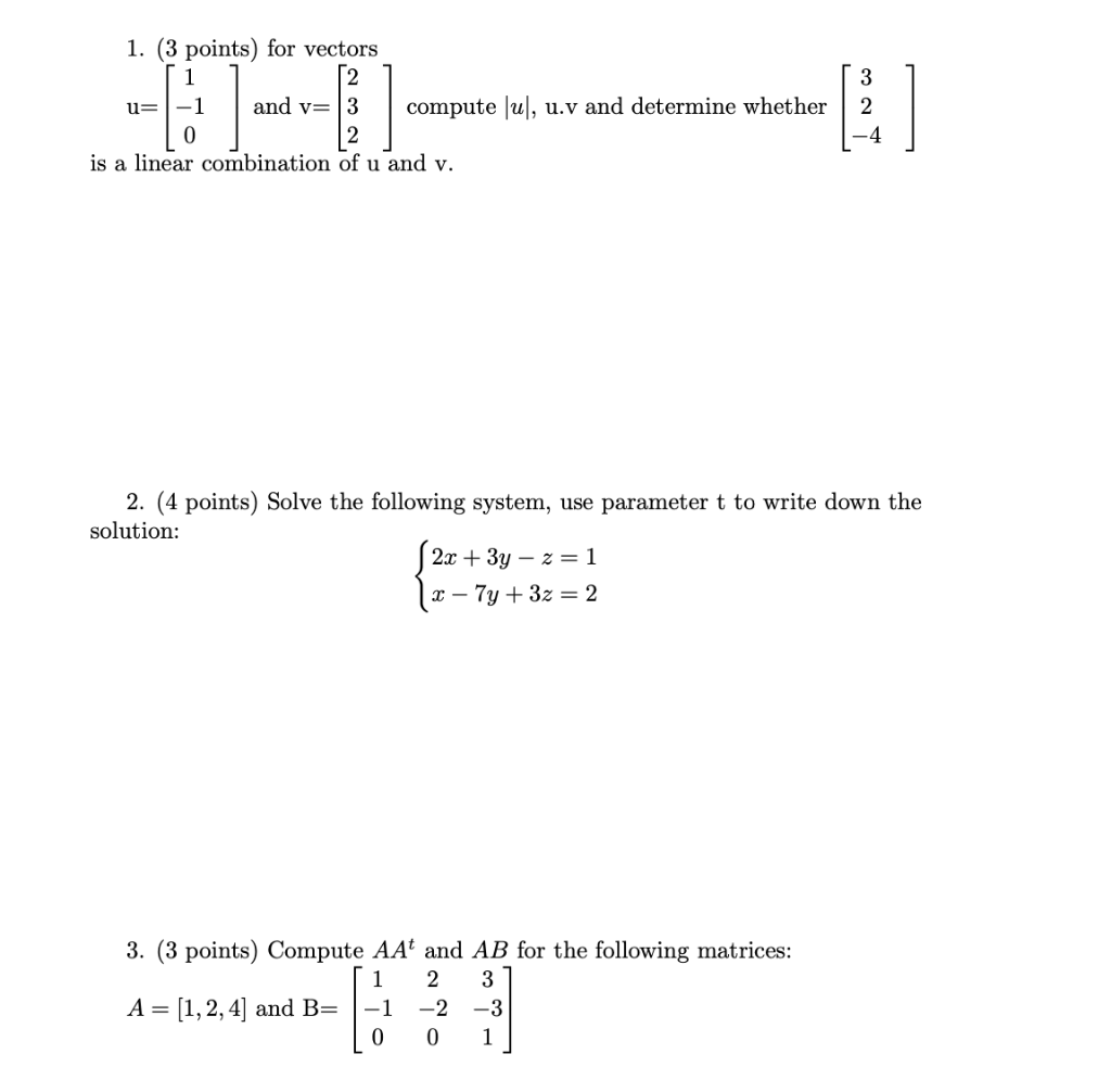 Solved 1. (3 points) for vectors 1 12 u= and v=3 compute | Chegg.com