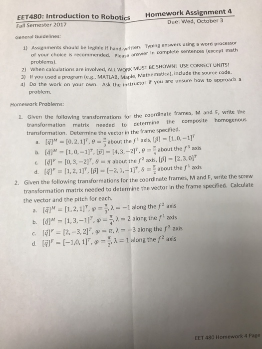 EET480: Introduction to Robotics Fall Semester 2017 | Chegg.com