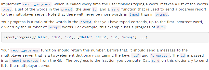 Solved def report_progress(typed, prompt, id, send): """Send | Chegg.com