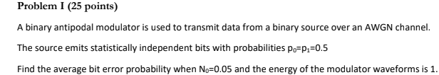 Solved Problem I (25 points) A binary antipodal modulator is | Chegg.com
