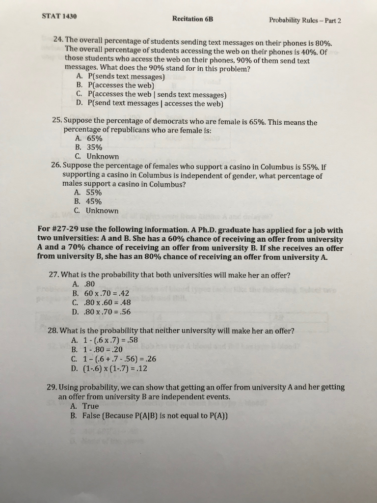 Solved STAT 1430 Recitation 6B Probability Rules - Part 2 | Chegg.com