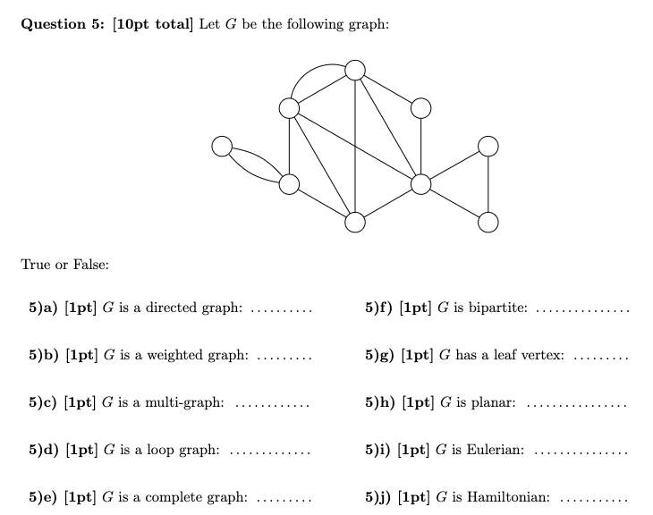 Solved Question 5: [10pt total] ﻿Let G ﻿be the following | Chegg.com