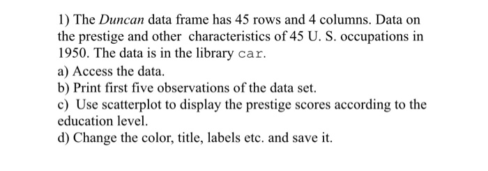Solved 1) The Duncan data frame has 45 rows and 4 columns. | Chegg.com