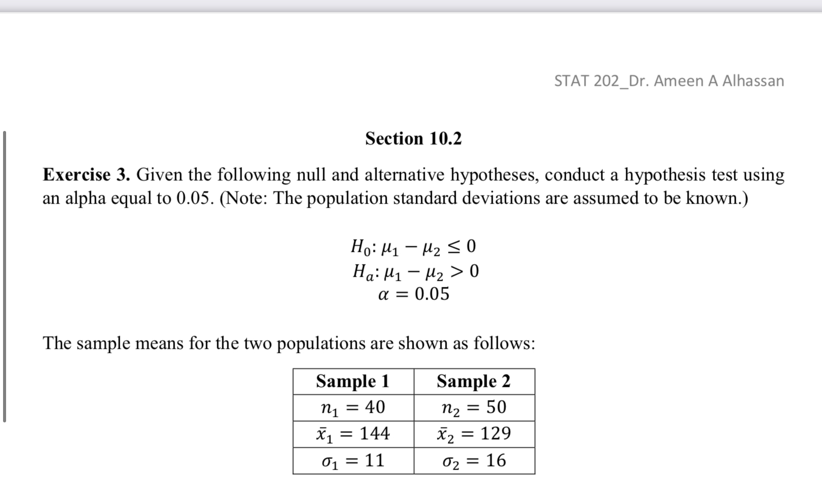 Solved STAT 202_Dr. Ameen A Alhassan Section 10.2 Exercise | Chegg.com