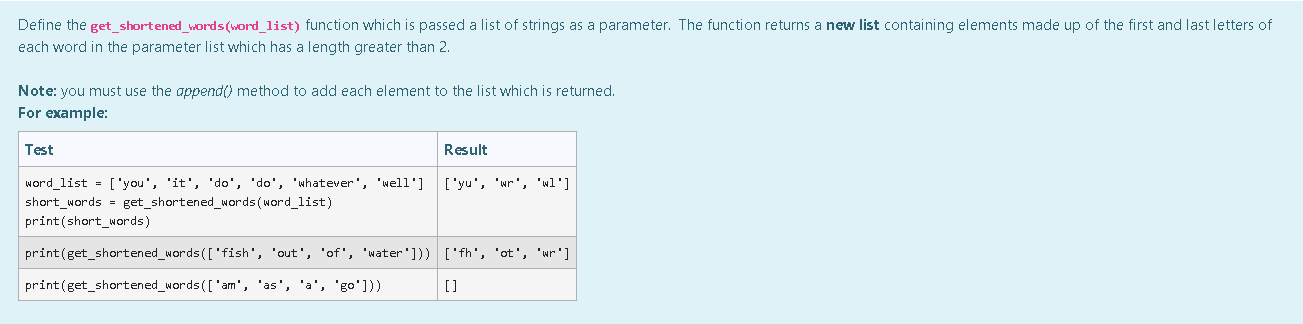 Solved Define the get_shortened_words(word_list) function | Chegg.com