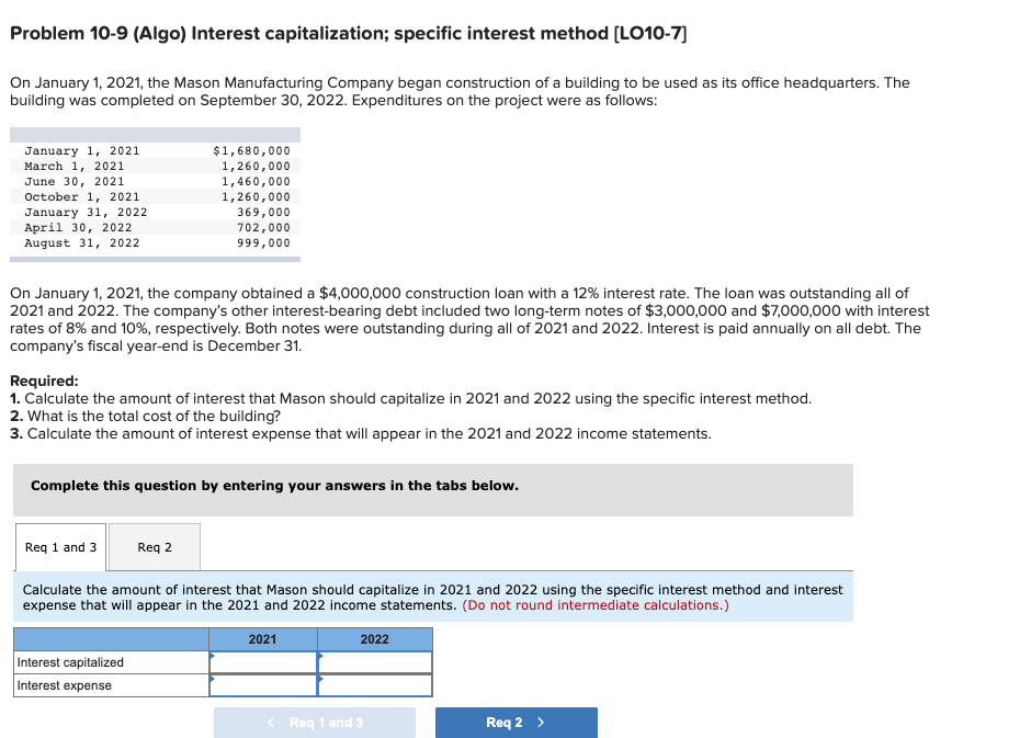 Solved Problem 10-9 (Algo) Interest capitalization; specific | Chegg.com