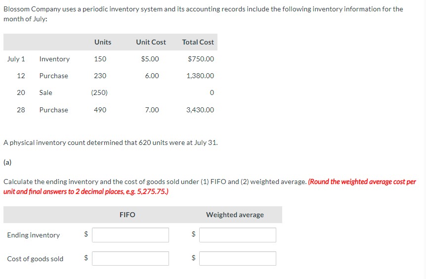 Solved Blossom Company uses a periodic inventory system and | Chegg.com