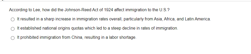 Solved According to Lee, how did the Johnson-Reed Act of | Chegg.com
